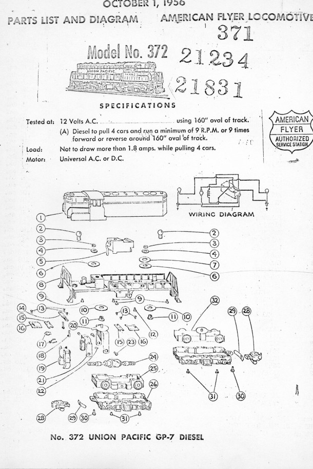 American Flyer Locomotive 372 Union Pacific GP 7 Diesel Parts List ...